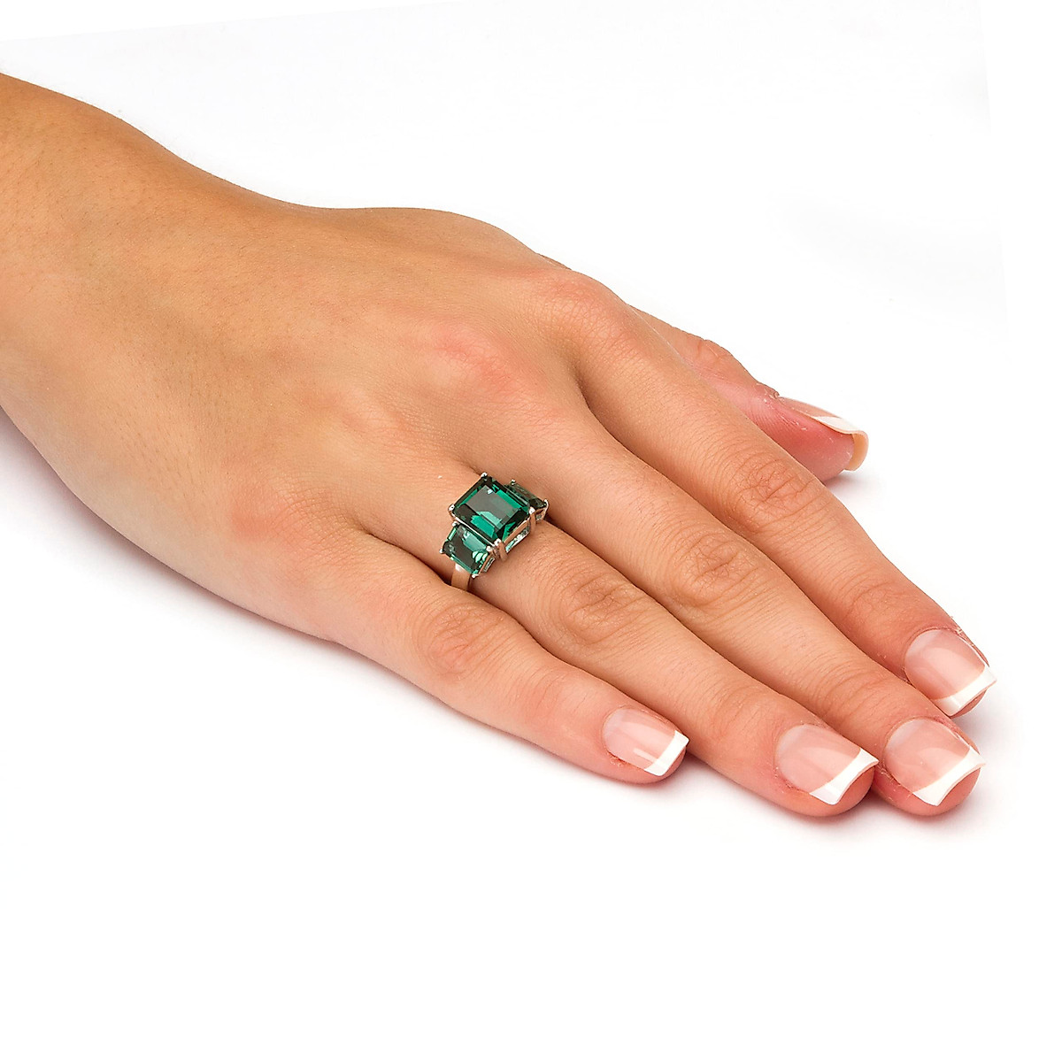 PalmBeach Sterling Silver Emerald Cut Simulated Green Emerald 3-Stone Ring Sizes 5-10 Size 7