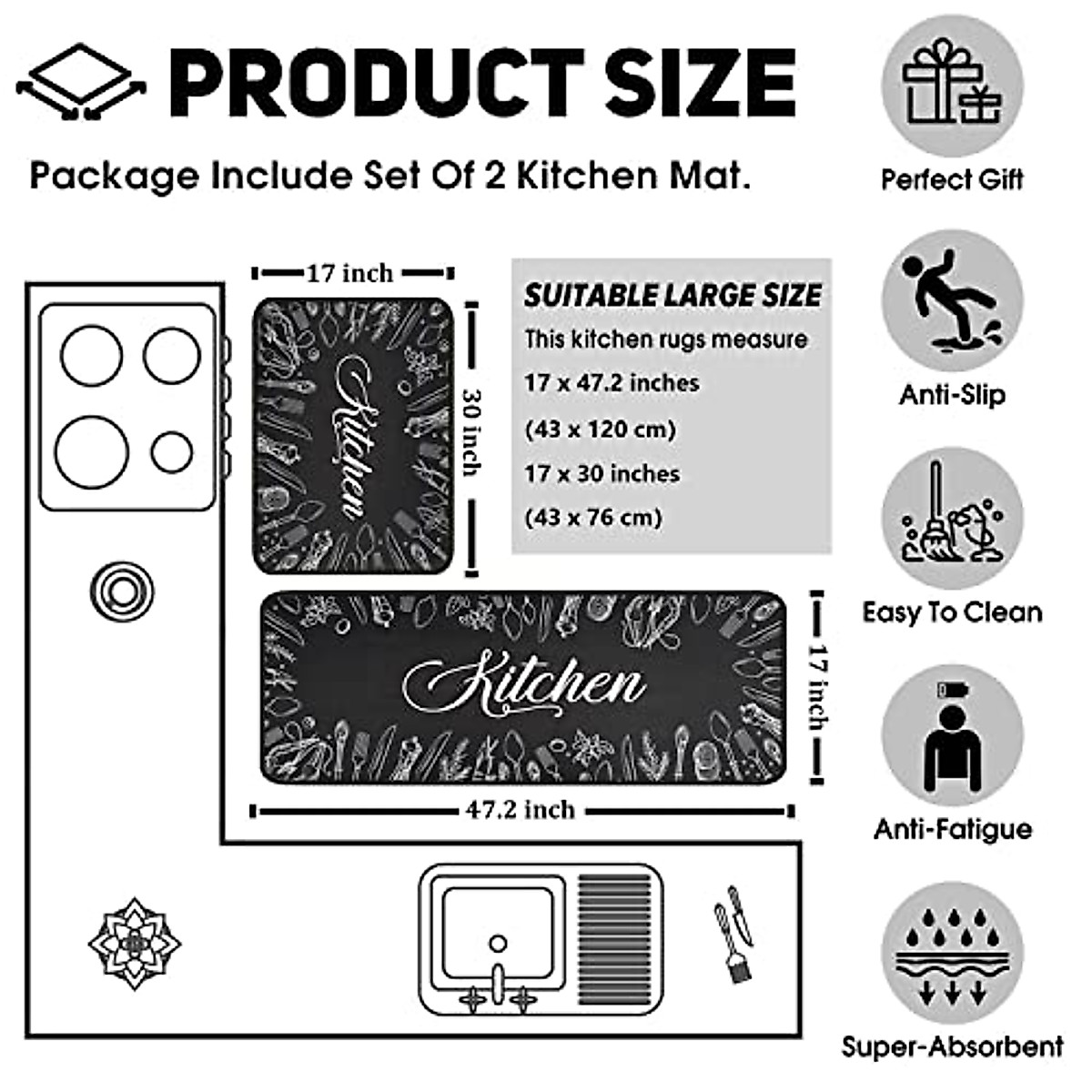 OUXIOAZ 2 PCS Kitchen Rugs and Mats Non Skid Washable Black Kitchen Mat Soft Super Absorbent Anti Fatigue Kitchen Mat Runner Set Doormat Bathroom 17"x47"+17"x30"