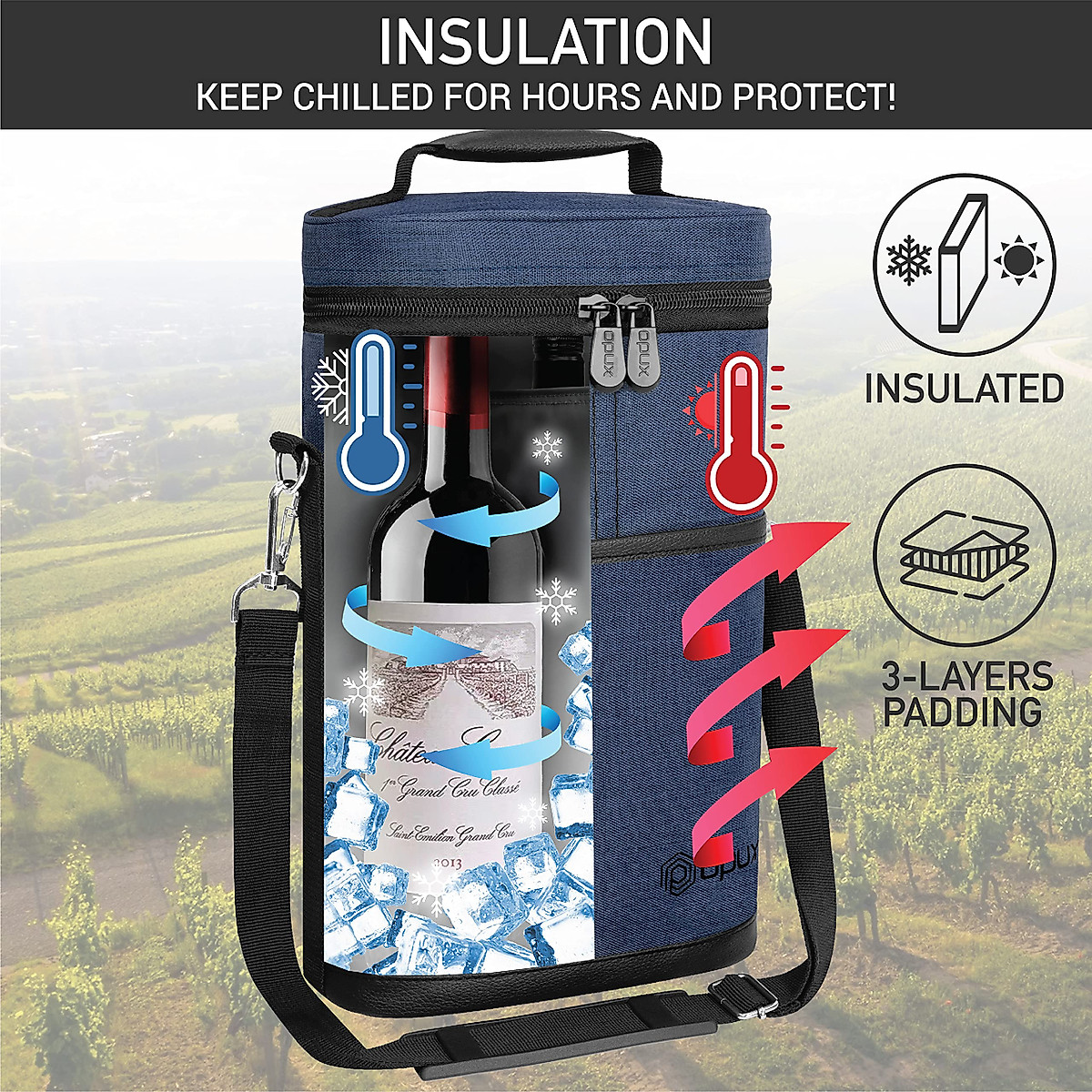 OPUX 2 Bottle Wine Carrier Tote, Insulated Leakproof Wine Cooler Bag, Wine Travel Bag for Picnic BYOB Beach, Portable Wine Bottle Carrying Case, Gift for Wine Lover Women Men Christmas, Navy