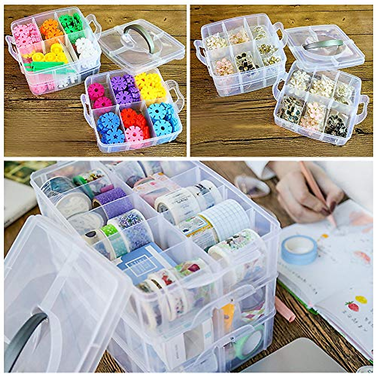 LZYMSZ 3-Tier Transparent Adjustable Stackable Compartment Slot Plastic Storage Box, Snap-Lock Clear Container Box for Storing Toy Jewelry Accessory 6.5 x 6.1x 4.9in(S)