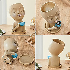 Face Planters Pots Head Planters for Outdoor Plants, Funny Cute Resin Coffee Girl Face Succulent Pots Planter Cactus Planter with Drainage Hole Closed Eyes for Indoor&Outdoor Planter (Style#477A1)