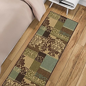 Machine Washable Damask Design Non-Slip Rubberback 3x10 Traditional Runner Rug for Hallway, Kitchen, Bedroom, Living Room, 2'7" x 9'10", Brown/Green