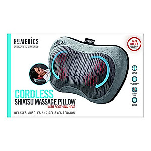 Homedics Cordless Shiatsu All-Body Massage Pillow with Soothing Heat, Reverse Function, Rechargeable Battery, and Integrated Controls –Lightweight