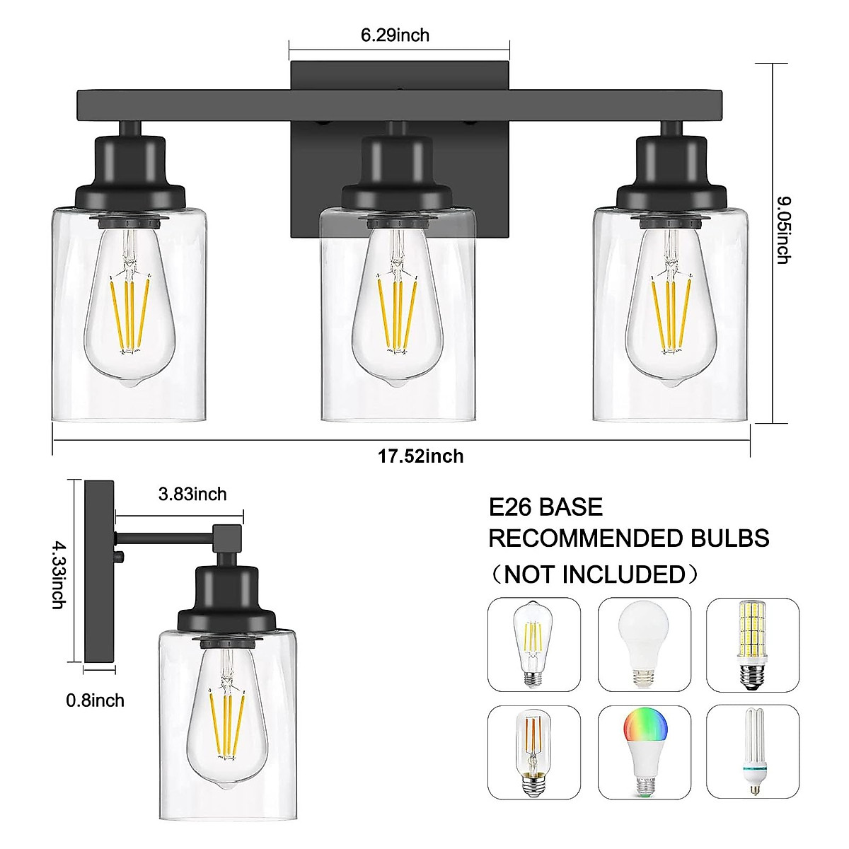 DIKAIDA 3-Light Bathroom Light Fixtures, Black Bathroom Vanity Light with Clear Glass Shade, Modern Bathroom Wall Lights Over Mirror, Farmhouse Wall Sconces Lighting for Bedroom LivingRoom