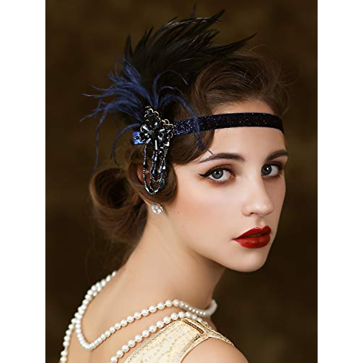 SWEETV Feather Flapper Headpiece Navy, Rhinestone Feather 1920s Headband, the Great Gatsby Hair Accessories