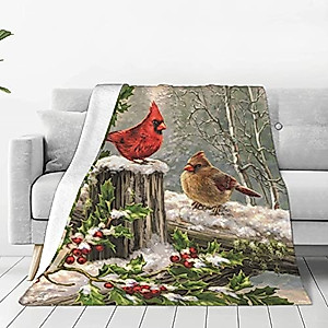 Winter Cardinals Birds Throw Blanket Cozy Soft Xmas Christmas Blanket for Couch Sofa Chair Bed Fuzzy Thermal Fleece Travel Blankets 60 X 50 in Home Holiday Decoratives