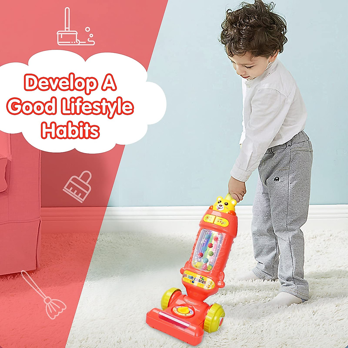 FS Toy Vacuum for Toddlers 2-3, Working Kids Vacuum Cleaner with Light and Sound, Pretend Play Toddler Vacuum Cleaning Toys Set, Gifts for 2 3 4 Year Old Boys Girls Baby Vacuum