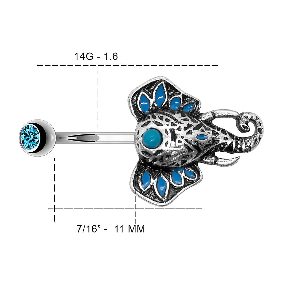 Pierce2GO Tribal Elephant Belly Button Ring - 316L Surgical Grade Stainless-Steel Belly Button Rings Studded with Faux Blue Pearls anz Cubic Zirconia Stone - Belly Piercings Navel Ring for Women