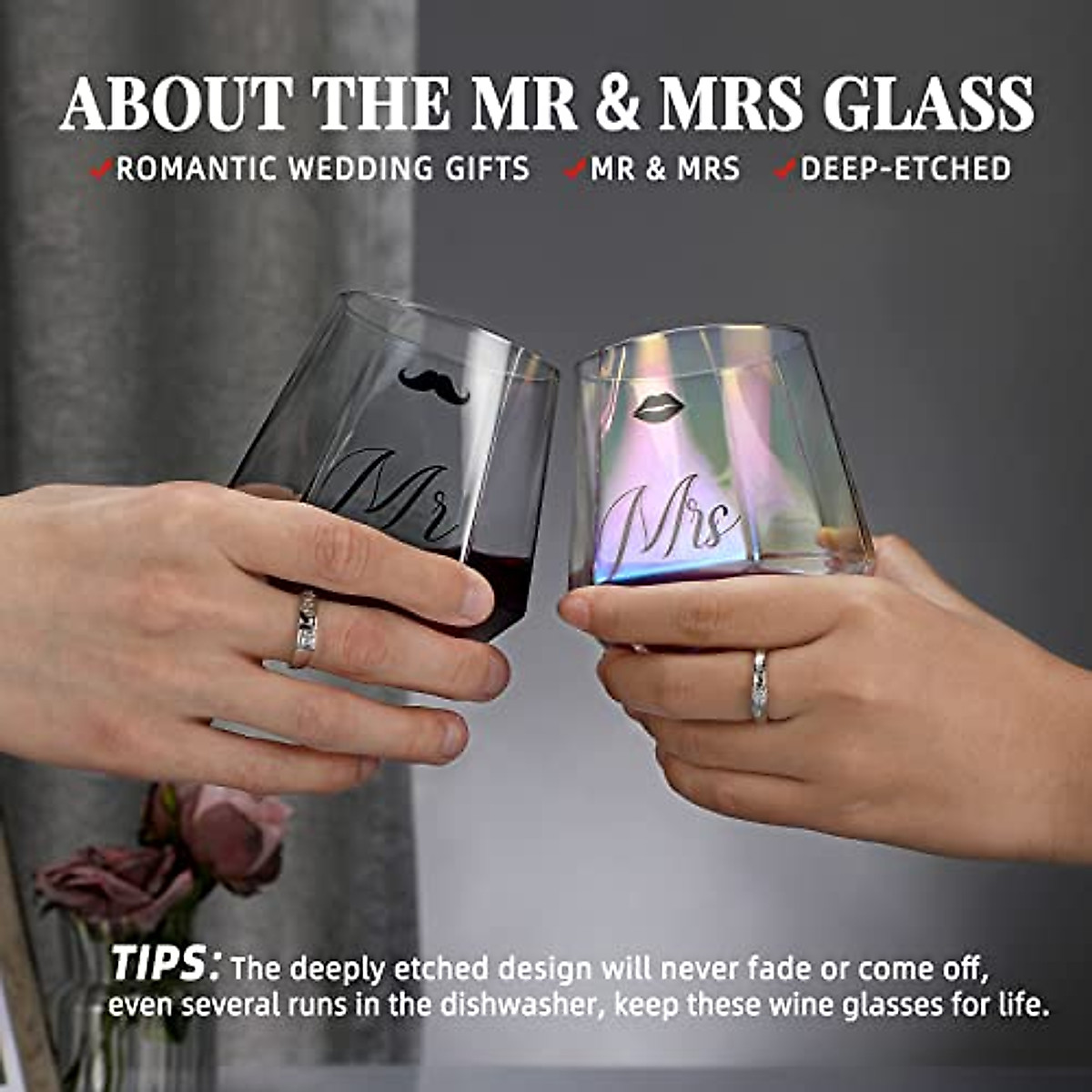 RorAem Wine Glasses Gifts for Mr and Mrs - Wedding Gifts for Bride and Groom - Gifts for Bridal Shower Newlywed Engagement and Anniversary - Couples Gifts for Husband & Wife