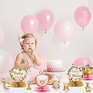 12Pcs Spring Floral Baby Shower Party Honeycomb Table Centerpiece Baby in Bloom Table Display with Letters Gender Reveal Decoration Arrangement Favor Block Holder for Girl Birthday