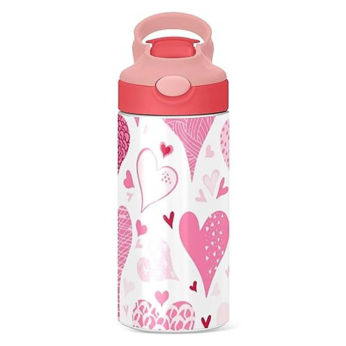 Kigai Romantic Pink Peach Heart Kids Water Bottle, Insulated Stainless Steel Water Bottles with Straw Lid, 12 oz BPA-Free Leakproof Duck Mouth Thermos for Boys Girls
