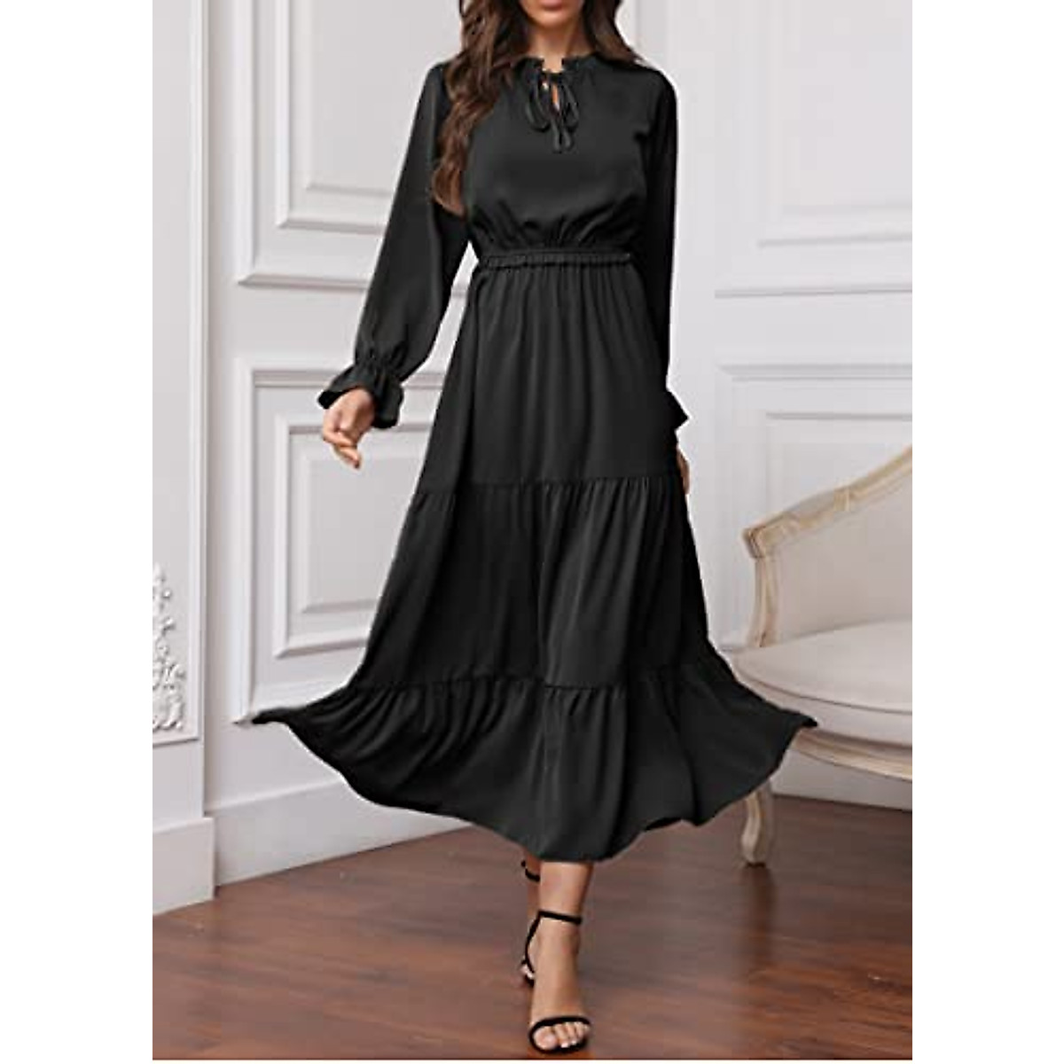 KIRUNDO Women's 2023 Fall Long Sleeve Tie Crew Neck Maxi Dress Casual Empire Waist Boho Ruffle Flowy Long Dresses(Black, Medium)