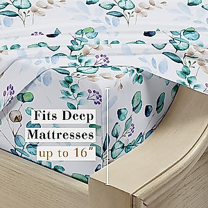 YIYEA Queen Sheet Set - Plant Print - Luxury Brushed Microfiber Bed Sheets - Lightweight Breathable Cooling Sheets for Queen Size Bed - 16" Deep Pocket, Shrinkage, and Fade Resistant - 4 PC