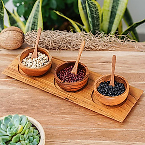Rainforest Bowls Set of 3 Javanese Teak Wood Condiment Dipping Bowls w/Tray & 3 Spoons- Hot & Cold Friendly, Ultra-Durable - Exclusive Luxury Custom Design Handcrafted by Indonesian Artisans