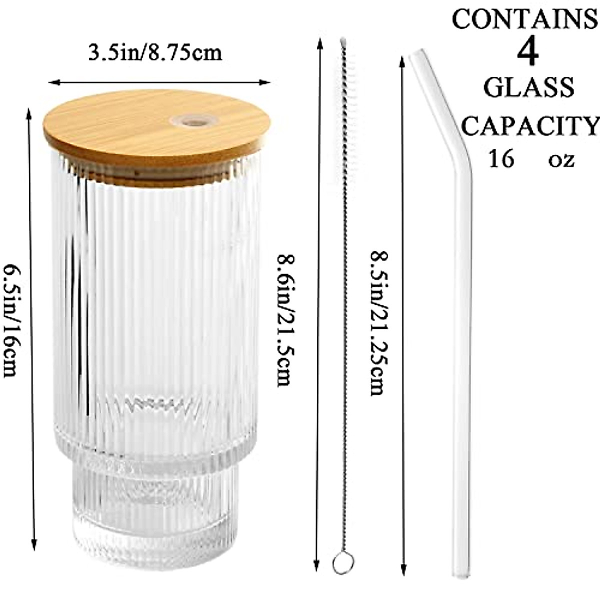 CAYOREPO 4 Pcs Set 16oz Ribbed Drinking Glasses with Bamboo Lids and Straws, Ribbed Glass Cups, Stackable Glasses, Vintage Water Glasses for Juice, Beer, Coffee, Tea and Cocktail (Clear(4Pcs))