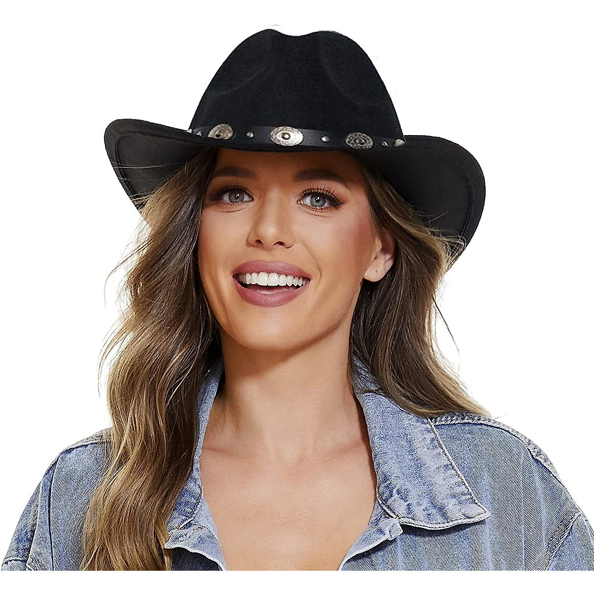 Classic Western-Cowboy-Hat for Women and Men - Wide Brim Roll Up Fedora-Hat Felt Cowboy Cowgirl Hat Fit for M-L (US, Numeric, 7, Black-3)