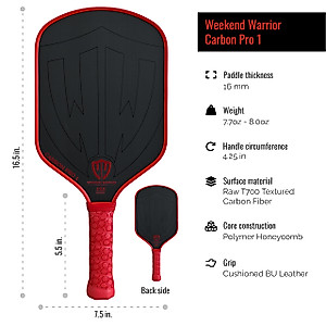 Weekend Warrior Pickleball Paddle - USAPA Approved - T700 Carbon Fiber for Ultimate Spin - Elongated Handle and Shape for Power - Paddle Cover, Paddle Eraser, Lead Tape, Sweatband Included
