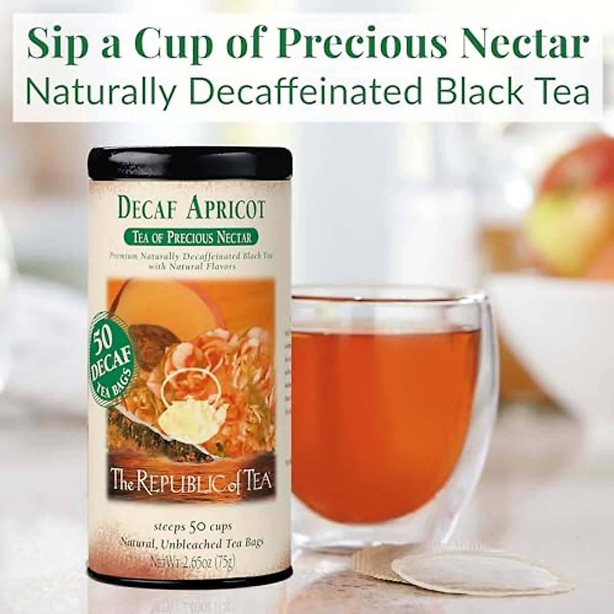The Republic of Tea — Decaf Apricot Black Tea Tin, 50 Tea Bags, Environmentally-Friendly Decaffeinated Tea