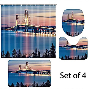 Landscape 4 Piece Shower Curtain Sets for Bathroom Mackinac Bridge Night Lights St Ignace Michiganravel per Peninsul with Shower Curtain Toilet Cover Floor Mat Accessories 72 X 72 Inch Length