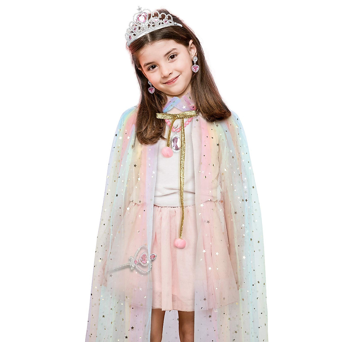 Fedio Princess Cape Set 7 Pieces Girls Princess Cloak with Tiara Crown, Wand for Little Girls Dress up (Rainbow)