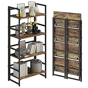 GHQME No-Assembly Folding Bookshelf Storage Shelves 4 Tiers Vintage Multifunctional Plant Flower Stand Storage Rack Shelves Bookcase for Home Office (Firestone and Black)