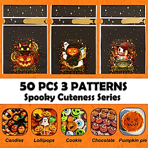 JOINDO 50 pcs Halloween Treat Bags for Candy, 6x9 Drawstring Candy Bags for Party Favor, Stand up Halloween Goodie Bags (Dark Flame Halloween Series)