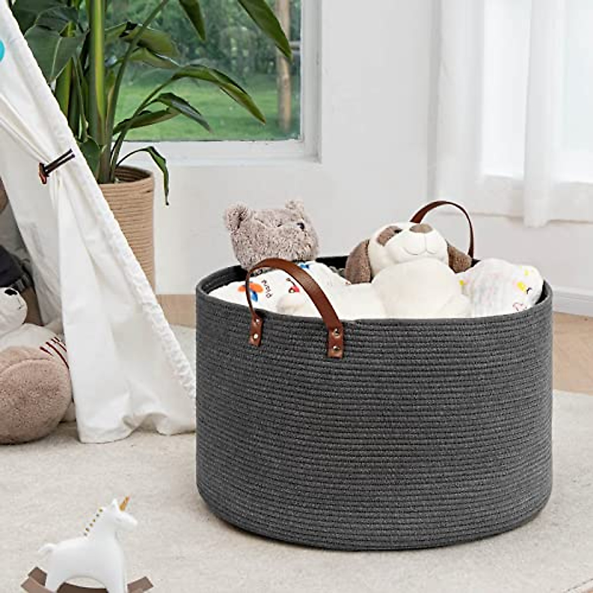 CHICVITA Large Gray Baby Storage Basket, Big Woven Laundry Baskets for Toy, Blankets, Towel, Decorative Basket for Nursery, Bedroom, 22 x 14 inches, Gray
