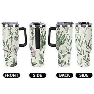 40 Oz Vacuum Tumbler with Black Handle Leakproof Insulated Tumbler Green Flower Herb Sage Leaves Stainless Steel Travel Mug with Lid And Straw Coffee Cup Cute Water Bottles Cup Holder Friendly