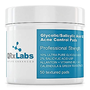 Glycolic/Salicylic Acid 10/2 Acne Control Pads with 10% Ultra Pure Glycolic Acid + 2% Salicylic Acid, Allantoin, Vitamins B5, C & E, Calendula & Green Tea - Most Effective Acne Treatment - Clear Skin