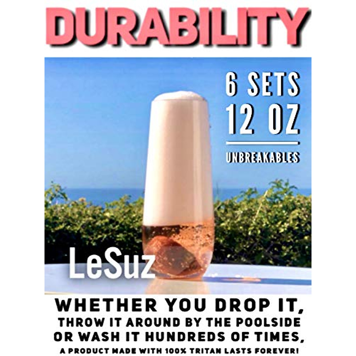 LeSuz 100% Tritan Plastic Champagne Stemless Flutes. Set of 6, 12oz. Shatterproof, BPA-FREE, Dishwasher Safe, Long Lasting Stemless Champagne Flute. Better than Champagne Glasses. Mimosa Flutes.