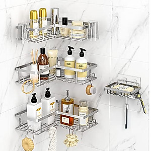 SIXDOVE 3-PACK Corner Shower Caddy- Corner Shower Shelf with 1 Soap Holder, Adhesive Shower Organizer with 18 Hooks, No Drilling Rustproof Stainless Steel Shower Rack Shelves for Bathroom & Kitchen