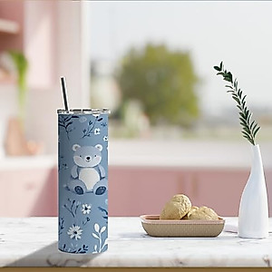 Tumbler with Lid and Straw Cartoon Bear Flowers and Plants thermos coffee travel mugcute cups 20 oz insulated tumbler for Daily Holiday Decor Gift coffee cup