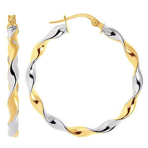 14K 2 Tone Gold Round Twisted Tube Hoop Earrings. Diameter 30mm