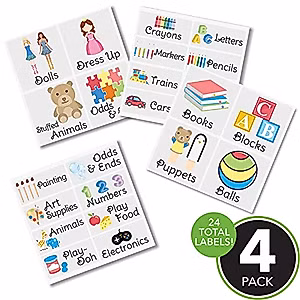 mDesign Home Organization Labels - Preprinted Label Stickers for Toy and Game Storage and Cleaning - Household Organizing for Jars, Canisters, Containers, Bins, and Boxes, 24 Count, Clear/Black/Images