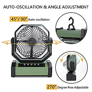 FUNMAT Camping Fan with LED Light, 20000mAh Rechargeable Battery Operated Table Fan, Auto-Oscillating Tent Fan with Remote & Hook, 4 Speed Portable Camping Fan for Travel Picnic Fishing, Green