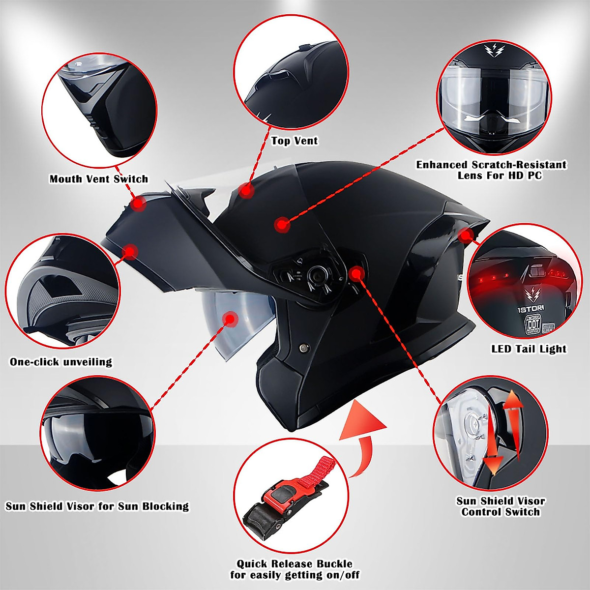 1Storm New Motorcycle Bike Modular Full Face Helmet Dual Visor Sun Shield with Rechargeable LED Tail Light: Matt Black