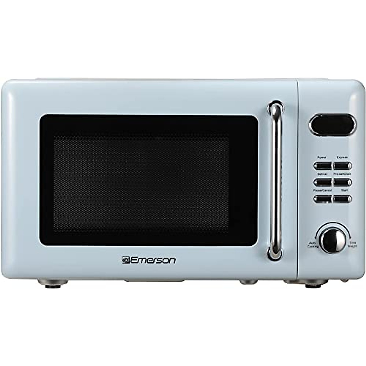 Emerson .7 Cu Ft Retro Digital Microwave Oven, 700W with 5 Micro Power Levels, 8 Pre-Programmed Settings, Express & Defrost, Chrome Handle & Control Buttons, Timer & LED Display, Retro Blue