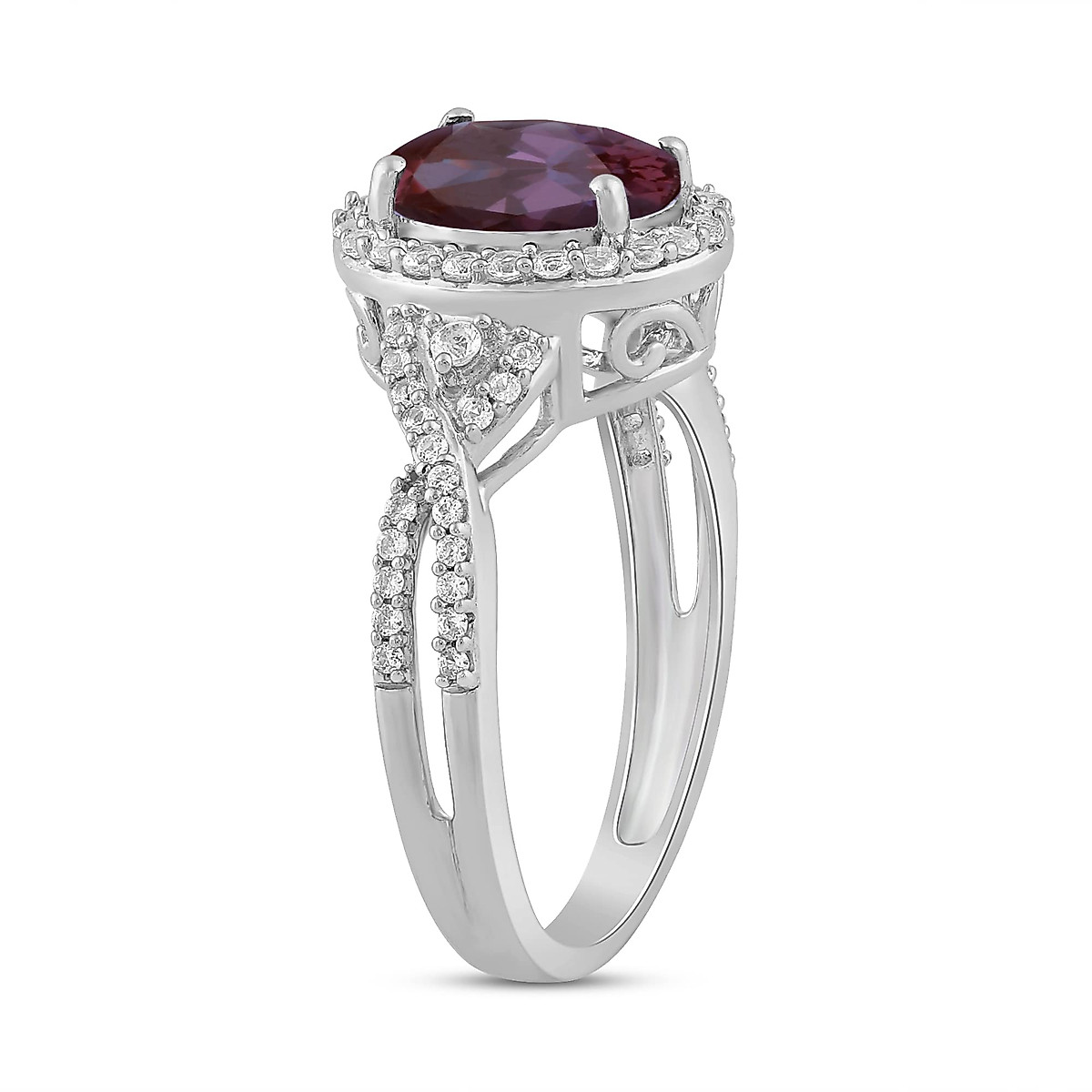 Jewelili Sterling Silver 9x7mm Oval Alexandrite and Round Created White Sapphire Ring, Size 6