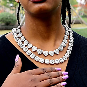 shopbyskyler 2PCS Clustered Diamond Tennis Chain Miami Cuban Link Chain for Women 15MM Clustered Heart Iced Out Miami Cuban Necklace Hip Hop Jewelry Gifts (16inch/18inch, Silver)
