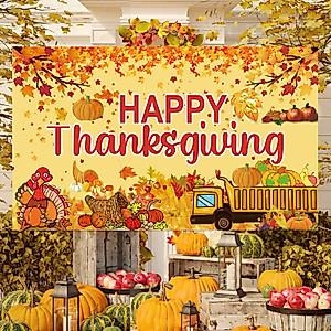 Famoby HAPPY Thanksgiving Fabric Sign Poster Banner Backdrop and Pumpkin Turkey maple leaf Pattern for Thanksgiving Day Photo Booth Background Party Decoration