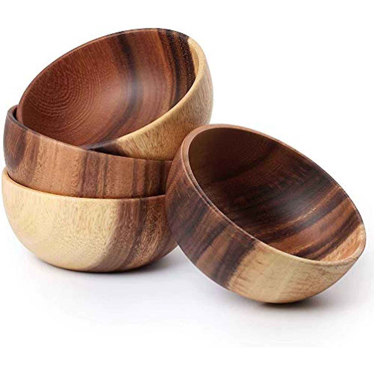 Acacia Wood Bowls Small Size for Handmade -Carved Dia 4"x 1.5 H Set of 4 Calabash Bowls (FREE 4 Wood Spoons)