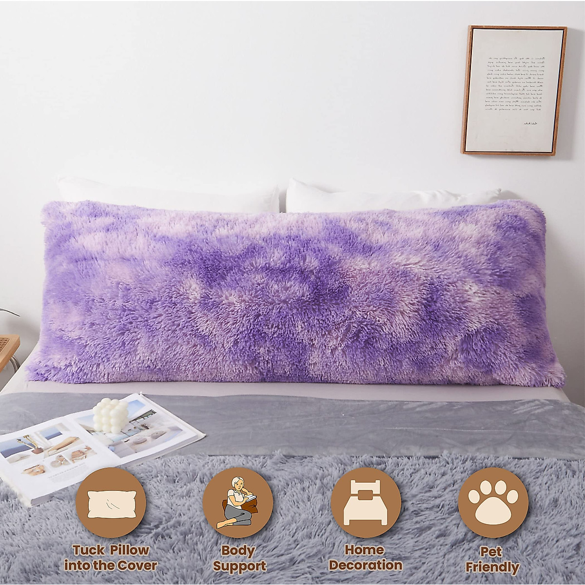 MEGO Tie Dye Print Fluffy Body Pillow Cover, 20x54 Shaggy Faux Fur Body Pillow Case, Light Purple Plush Fuzzy Body Pillowcase, Decorative Furry Long Bed Pillow with Zipper Hug Pillow Tie Dye Lavender