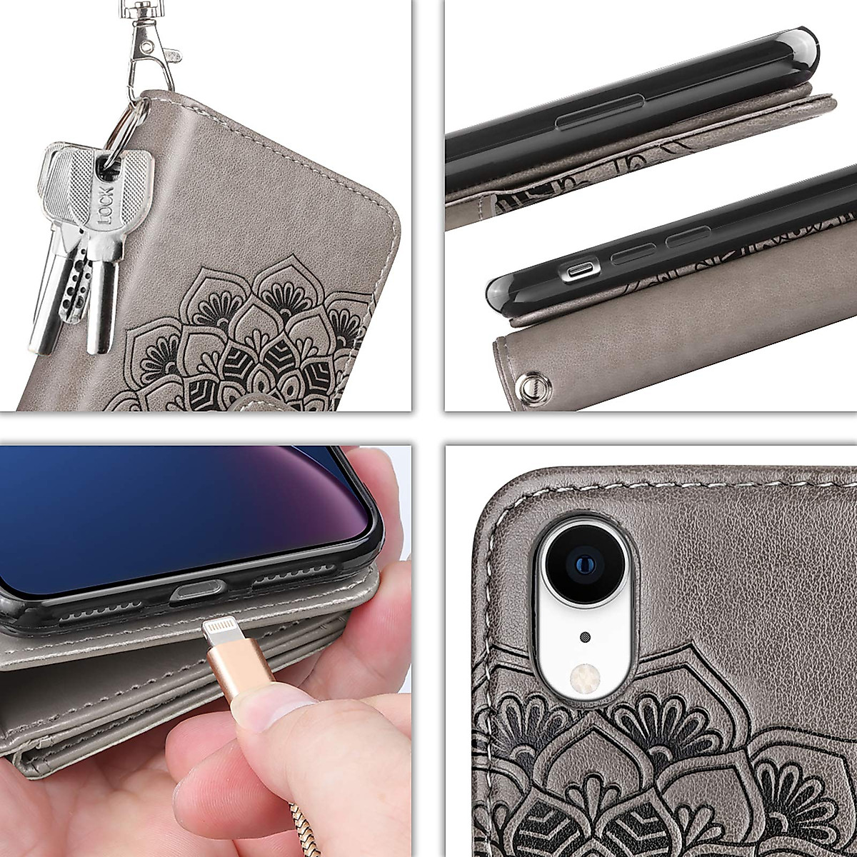 Vofolen Case for iPhone XR Case Wallet Card Holder Leather PU Flip Cover Folio Detachable Magnetic Slim Shell Dual Layer Heavy Duty Protective Bumper Armor Wristband for iPhone XR 10R Mandala Grey