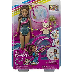 Barbie Gymnast Playset, Spin 'N Twirl Teresa Doll Flips & Spins Hoops, Pet Has Bouncing Trampoline & Waves Ribbons, Themed Accessories (Amazon Exclusive)