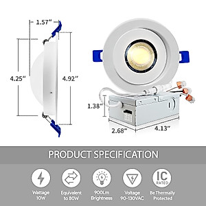 Adetu 4 Inch Gimbal Led Recessed Lights, 360°+90° Adjustable Directional Recessed Lighting, 2700K/3000K/3500K/4000K/5000K Dimmable Retrofit Eyeball Can Lights with Jbox, ETL(White, 6 Pack)