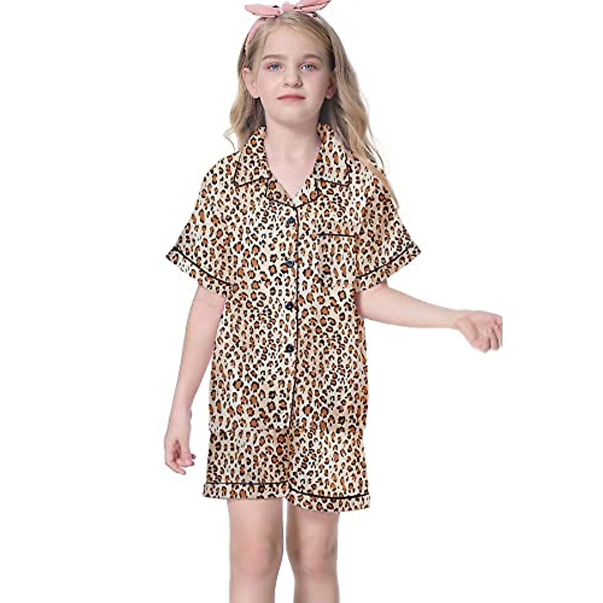 Umeyda Women's Short Sleeve Sleepwear Button Down Silk Satin 2 Piece Pajama Set, Leopard White, Small