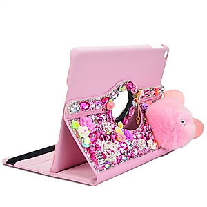 STENES Bling Case Compatible with Samsung Galaxy Tab A8 10.5 (2021) - Stylish - 3D Handmade Crystal Rabbit Pompon Bowknot Pendant 360 Degree Rotating Case with Smart Cover Auto Sleep/Wake - Pink