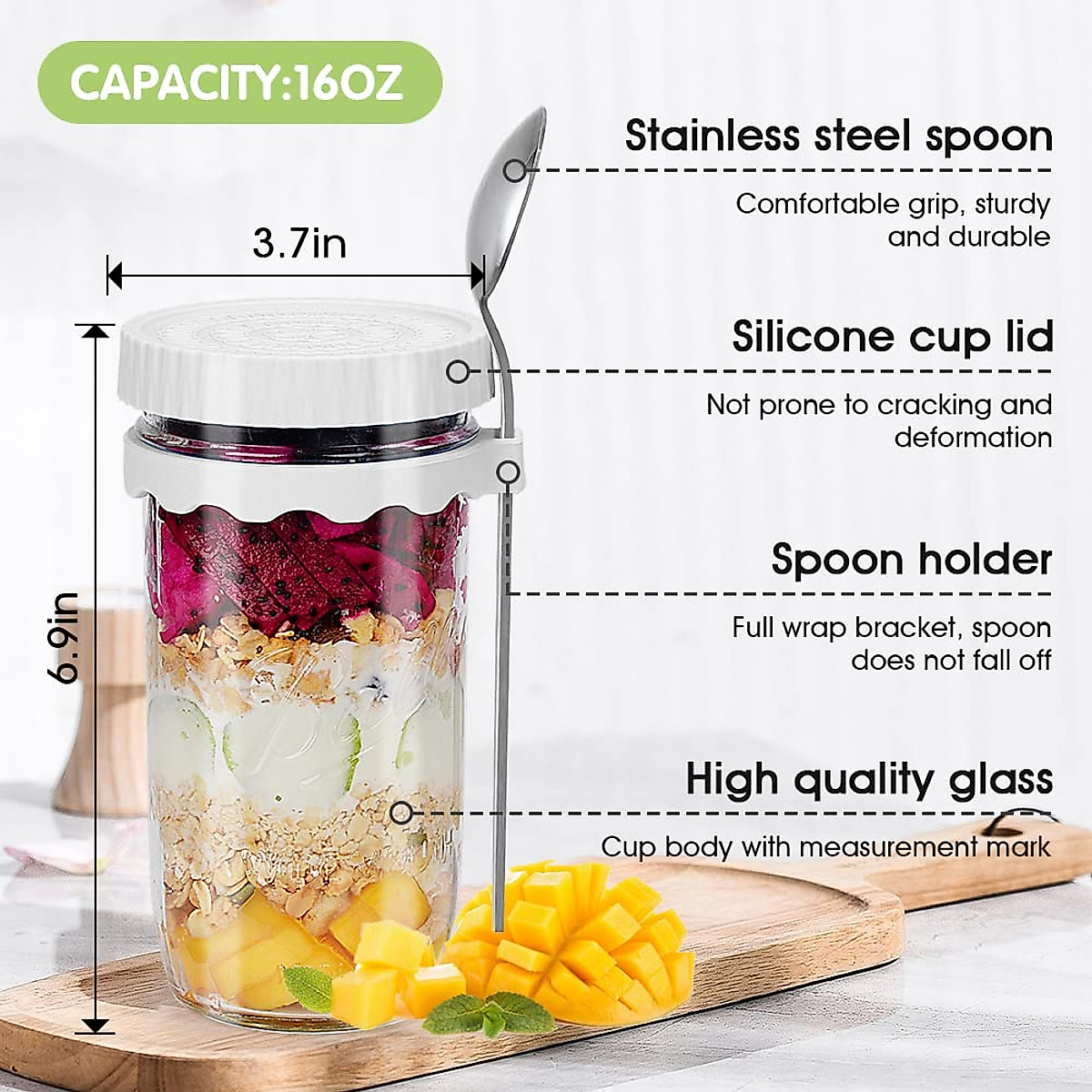 Overnight Oats Jars, Overnight Oats Containers with Silicone Lid and Spoon 16 oz,for Oats Yogurt,Milk,Fruit,breakfast,Leak-Proof Reusable Portable with Measurement Marks (W+G)