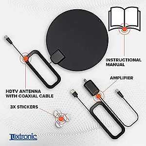 Luxtronic Amplified HD TV Antenna - Round Digital HD Antenna for TV Indoor - with USB Amplifier Signal Booster, Coaxial Cable - Supports 4K 1080p and All TV's