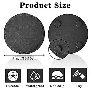Slate Coasters with Holder, MAPRIAL 4 Inch 12 Pieces Round Black Slate Stone DIY Coasters with Anti-Scratch Backing for Bar, Kitchen, Home Decor